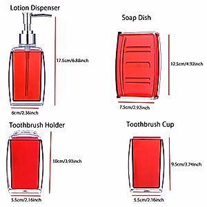 Yueranhu Red Bathroom Accessories Set, 4-Pieces Acrylic Bathroom Accesory Set Decor Gift - Toothbrush Holder, Toothbrush Cup, Soap/Lotion Dispenser, Soap Dish