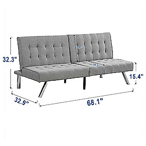 68”Convertible Futon Sofa Bed, Modern Sleeper Couch with Metal Legs, Folding Upholstered Loveseat, Linen Recliner Sofa, Wood Frame, Memory Foam Living Seat for Living Room/Apartment/Office, Grey