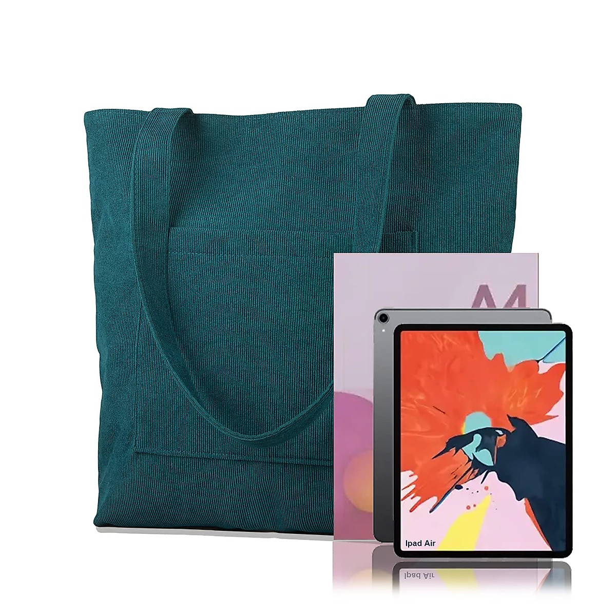 Kememo Corduroy Tote Bag with Zip, Shoulder Bag Women's Hobos Handbags Large Capacity Shopping Bag with Inner Pocket, Green