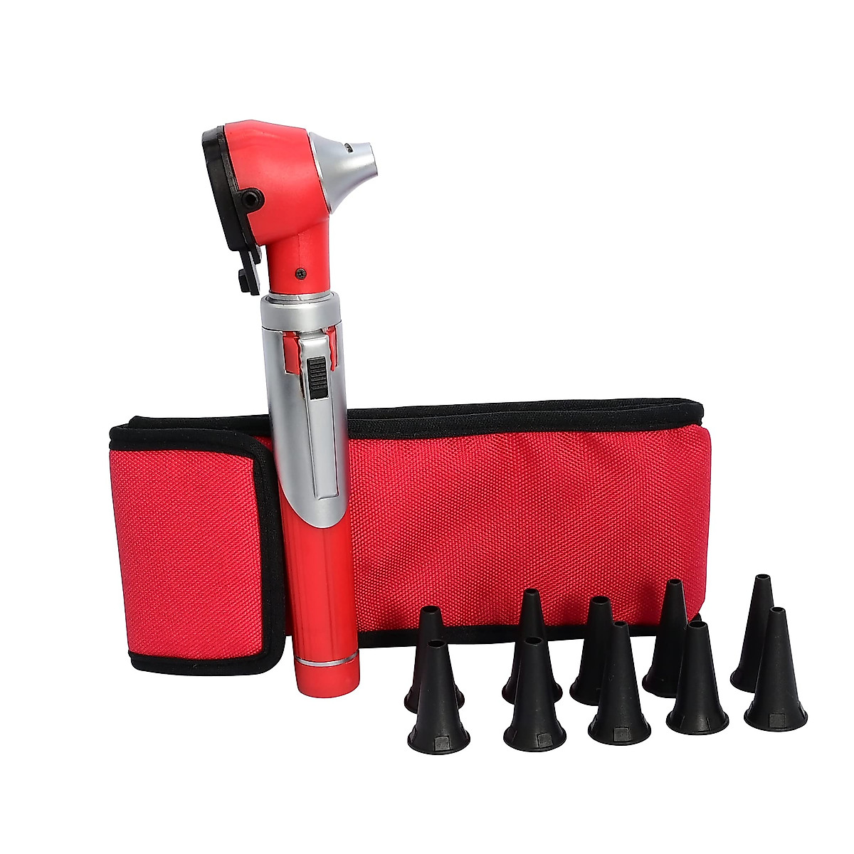 OdontoMed2011 Otoscope - Portable Ear Light and Exam Kit for Home and Professional Use - 3X Magnifying Fiber Optic Scope with Spare Tips, Bulb, and Carrying Case - Pocket Diagnostic Equipment (Red)