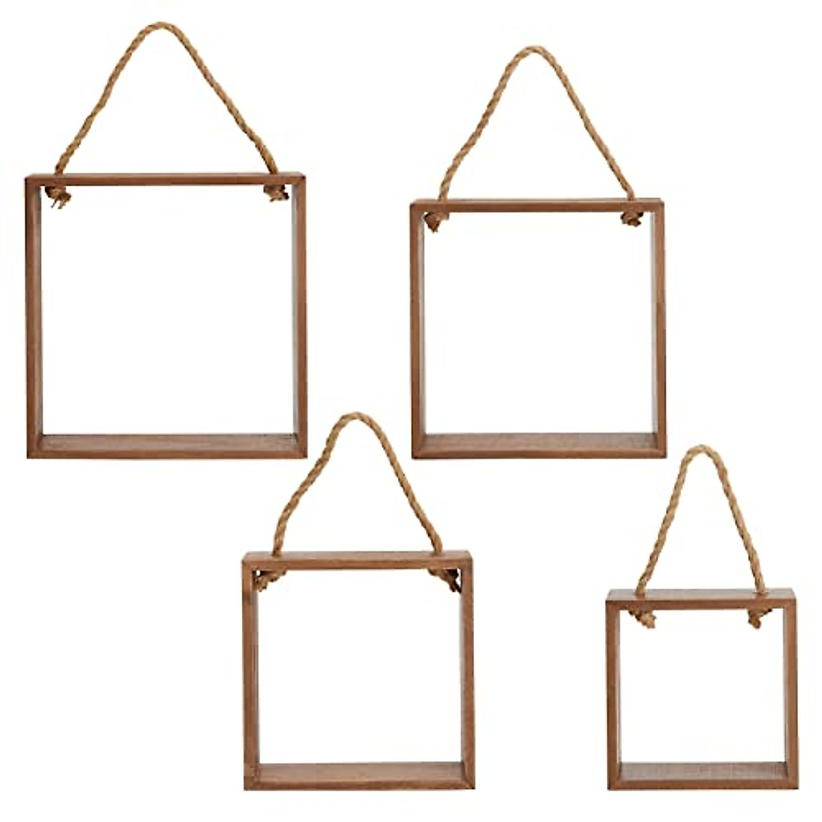 Farmlyn Creek Set of 4 Brown Square Wall Hanging Shelves for Closet, Rustic Wooden Cube Shelf for Bathroom with Rope, (4 Sizes)