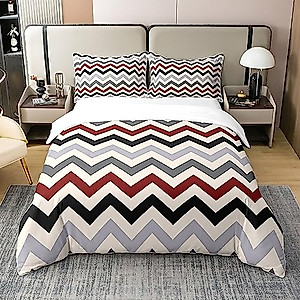 Geometric 100% Natural Cotton Duvet Cover,Zig Zag Lines Bedding Set for Kids Boys Girls,Black Red Grey Geometry Stripes Comforter Cover,Abstract Lines Modern Art Duvet Insert with 1 Pillowcase,Twin