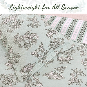 Cozy Line Home Fashions Vintage Cottage Garden Toile Mint Green 100% Cotton Reversible Girl Quilt Bedding Set, Coverlet, Bedspread (Garden Toile, King - 3 Piece)