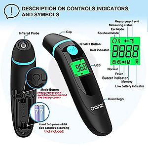 Forehead Thermometer for Adults, 4 in 1 Ear Thermometer for Kids, No Touch Baby Thermometer, Digital Thermometer with Fever Alarm and Object Measurement - Fast, Reliable and Accurate (Black)