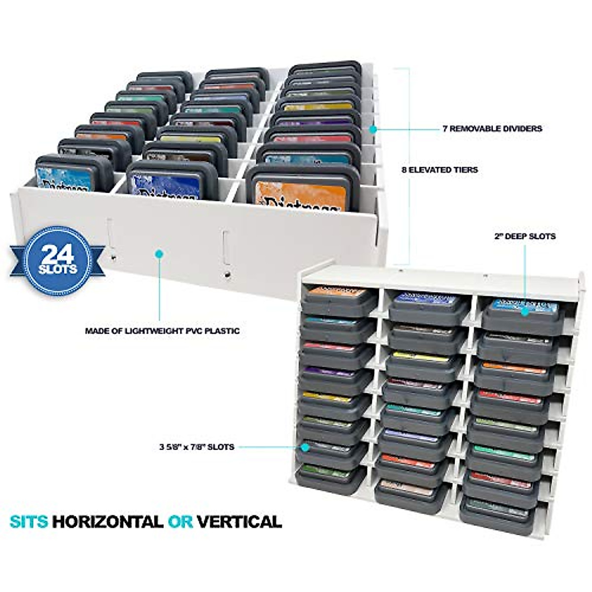 Pixiss Ink Pad Storage Holder and Stamp Pad Storage for Distress Oxide Ink and Others Sits Horizontal or Vertical - Stores 24 Ink Pads Craft Storage Organizer