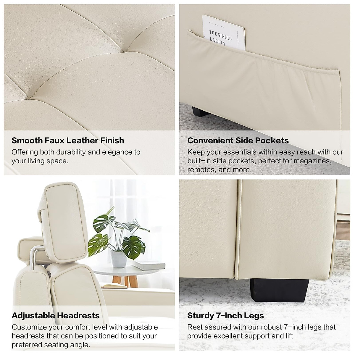 BEDHOURS 83" Sofa Couch, Handcrafted Faux Leather 3-Seat Sofa, Mid Century Modern Couch, Comfort Deep Seat Sofa with Side Pocket & Adjustable Headrest for Living Room Apartment Office, Beige