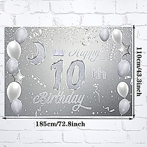 Sweet Happy 10th Birthday Backdrop Banner Poster 10 Birthday Party Decorations 10th Birthday Party Supplies 10th Photo Background for Girls,Boys,Women,Men - Silver 72.8 x 43.3 Inch