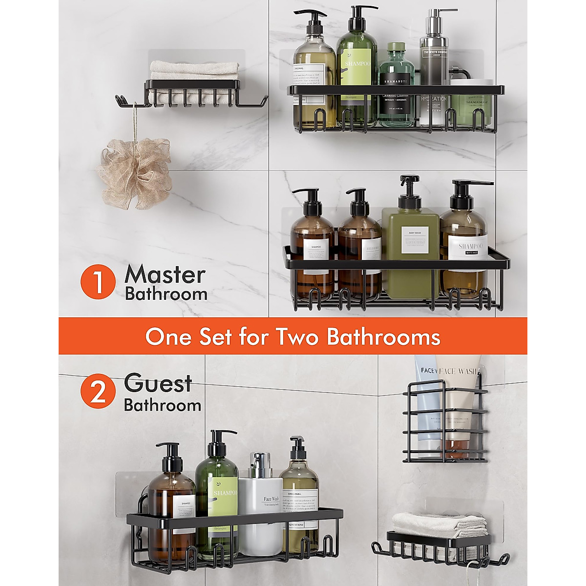 Acootima Shower Caddy 6 Pack, Rustproof Stainless Steel Shower Shelves for Bathroom Organizers and Storage, Adhesive No Drilling Durable Bath Accessories with Large Capacity for Home & Kitchen Decor