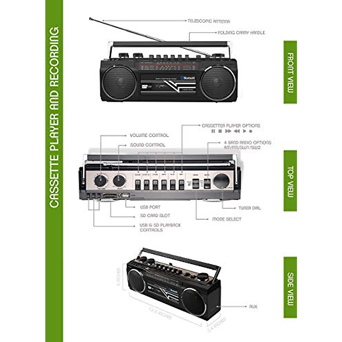 Riptunes Cassette Boombox, Retro Blueooth Boombox, Cassette Player and Recorder, AM/FM/SW-1-SW2 Radio-4-Band Radio, USB, SD, and Aux in, Black