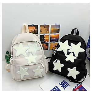 JHTPSLR Preppy Backpack Y2K Aesthetic Backpack Lambswool Stars Patchwork Backpack Cute Kawaii Stars Backpack Supplies Casual Daypack (Black)