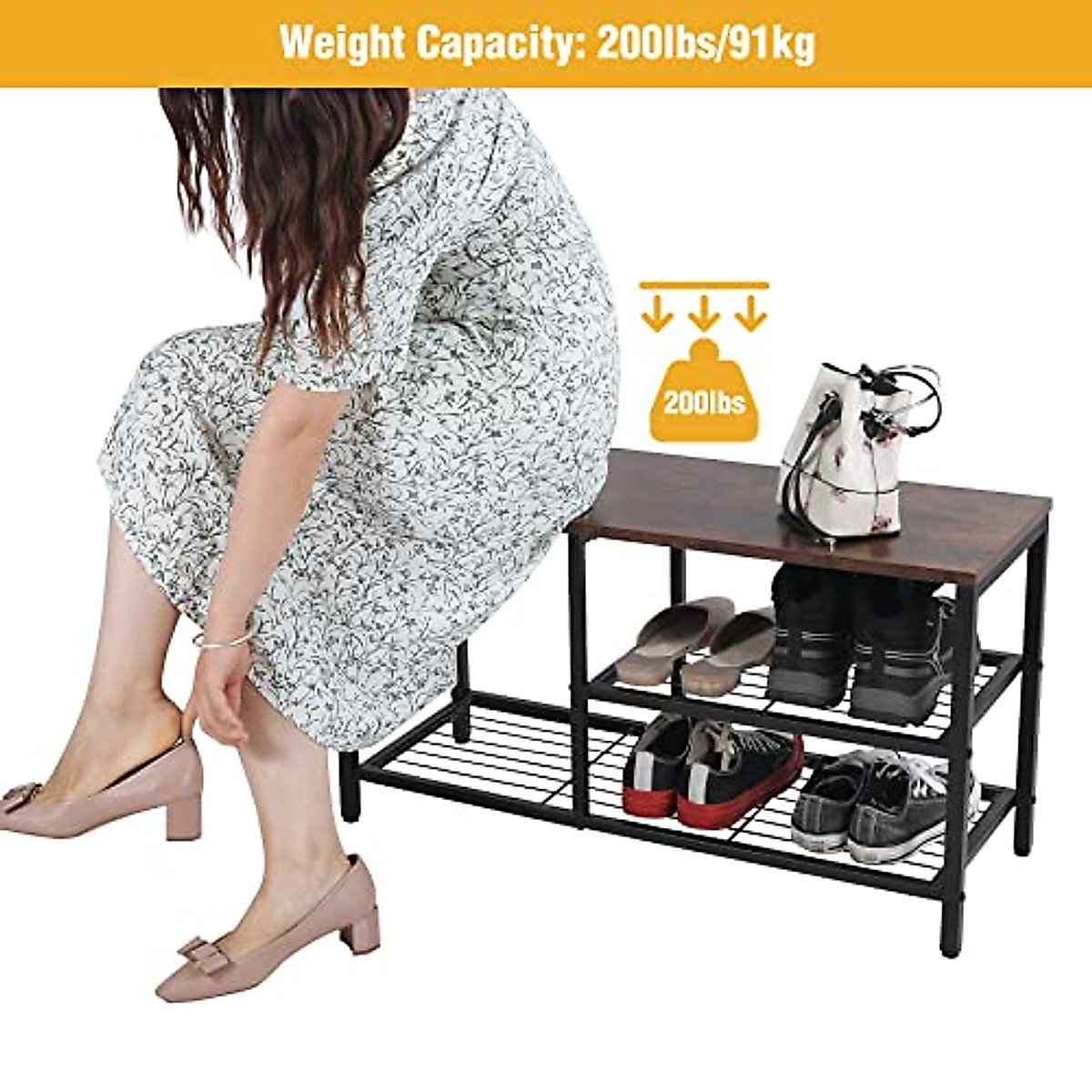 ALUPOM Shoe Bench Rack,32 Inch Narrow Shoe Rack with Shelf,3-Tier Steel Storage Bench for Entryway,Living Room,Foyer