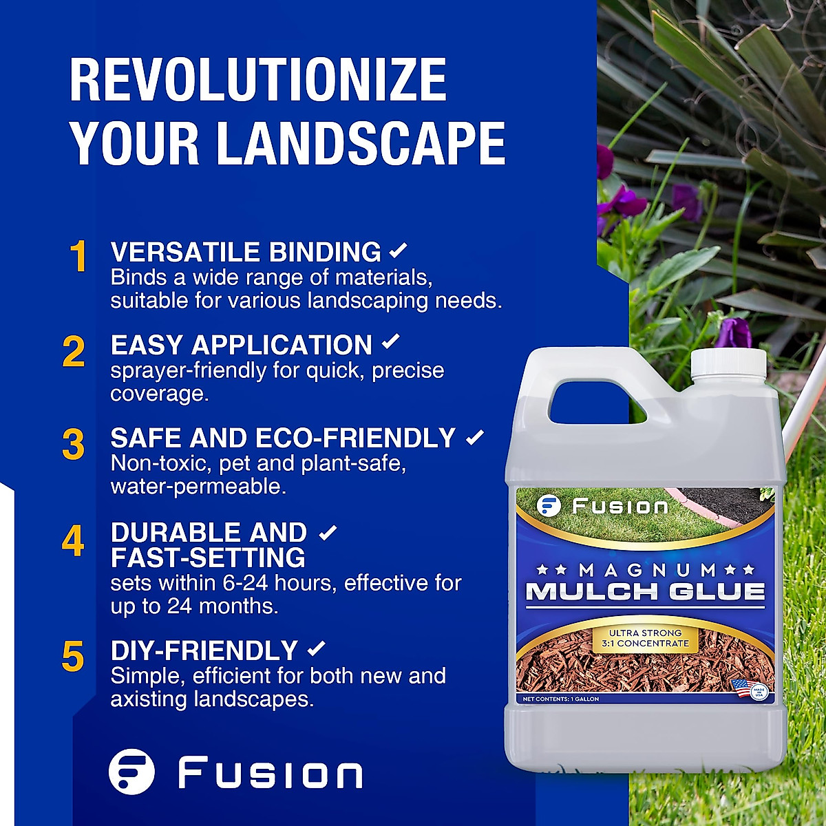 Magnum Mulch Glue (1 Gallon) - Mulch Glue and Pea Gravel Stabilizer, Lasts 12-24 Months, Fast-Dry, Non-Toxic, Strong Landscape Rock Glue & Gravel Glue by Fusion Chemical