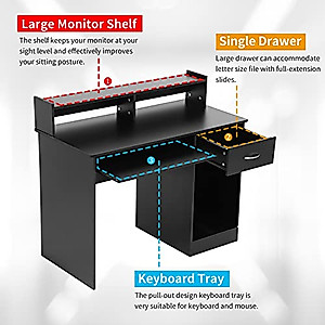 BLKMTY Computer Desk with Drawers for Home Office Desk with Keyboard Tray 43" Study Desks for Teens Wood Executive Desk with Monitor Stand Large Desktop Surface Writing Table Workstation, Black