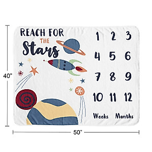 Sweet Jojo Designs Space Galaxy Boy Milestone Blanket Monthly Newborn First Year Growth Mat Baby Shower Memory Keepsake Gift Picture - Navy Blue Planets Star and Moon Rocket Ship Reach for The Stars