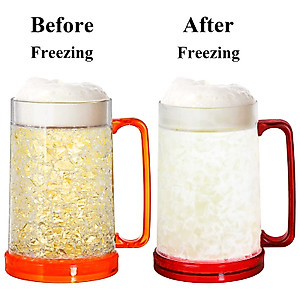 Fasmov Freezer Beer Mugs, 4 Pack Double Wall Gel Frosty Freezer Ice Mugs, Plastic Beer Mugs With Handles for Parties and Gifts, 16oz (Blue, Red, Orange and Green)