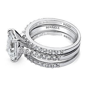 BERRICLE Sterling Silver Solitaire Wedding Engagement Rings 2.6 Carat Emerald Cut Cubic Zirconia CZ Ring Set for Women, Rhodium Plated Size 7