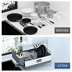 Kitsure Dish Rack, 2-Tier Dish Drying Rack with Large Capacity, Multifunctional Dish Drying Rack with Drainboard, Rustproof & Durable Dish Rack