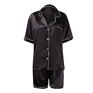 awaswae Womens Plus Size Silk Satin Pajamas Set Short Sleeve Loungewear 2 Piece Sleepwear Button Down Comfy Nightwear Pj Set Black