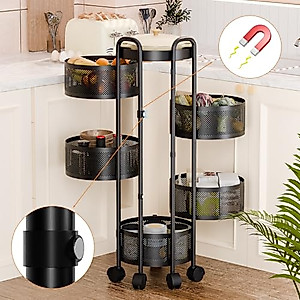 toxaaiwr Fruit Vegetable Basket, Rotating Storage Shelves Rack, Kitchen Trolley on Wheels, 5 Tiers Fruit Basket Storage Container for Kitchen, Living Room Black