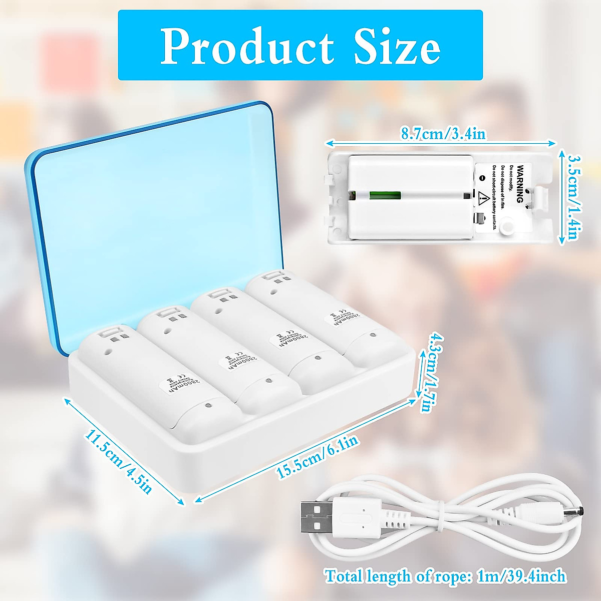 4-in-1 Charging Station for Wii & Wii U Remote Controller, 4 Pcs Rechargeable 2800 mAh Battery Packs with USB Cable Compatible for Wii/Wii U Remote Game Contoller (White)