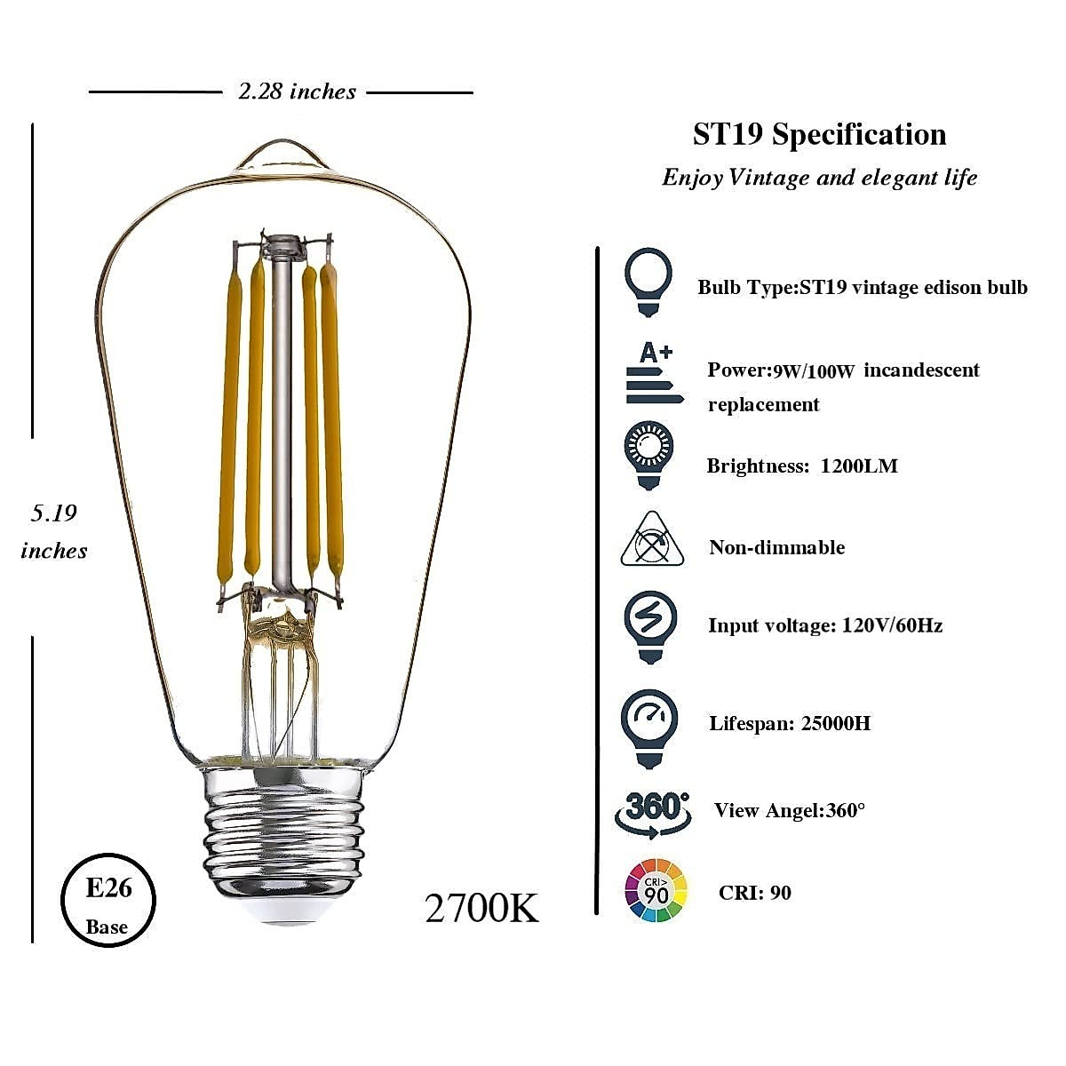 winsaLED 12 Pack 100 Watt Equivalent LED Edison Bulbs, 9W LED Light Bulbs, 2700K Soft Warm with E26 Standard Base, 120V Not-Dimmable, CRI 90, Flicker Free