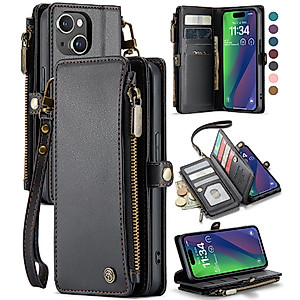 Defencase for iPhone 15 Plus Case,【RFID Blocking】 for iPhone 15 Plus Wallet Case for Women Men with 9 Credit Card Holder Zipper Pocket PU Leather Protective Cover for iPhone 15 Plus Phone Case, Black