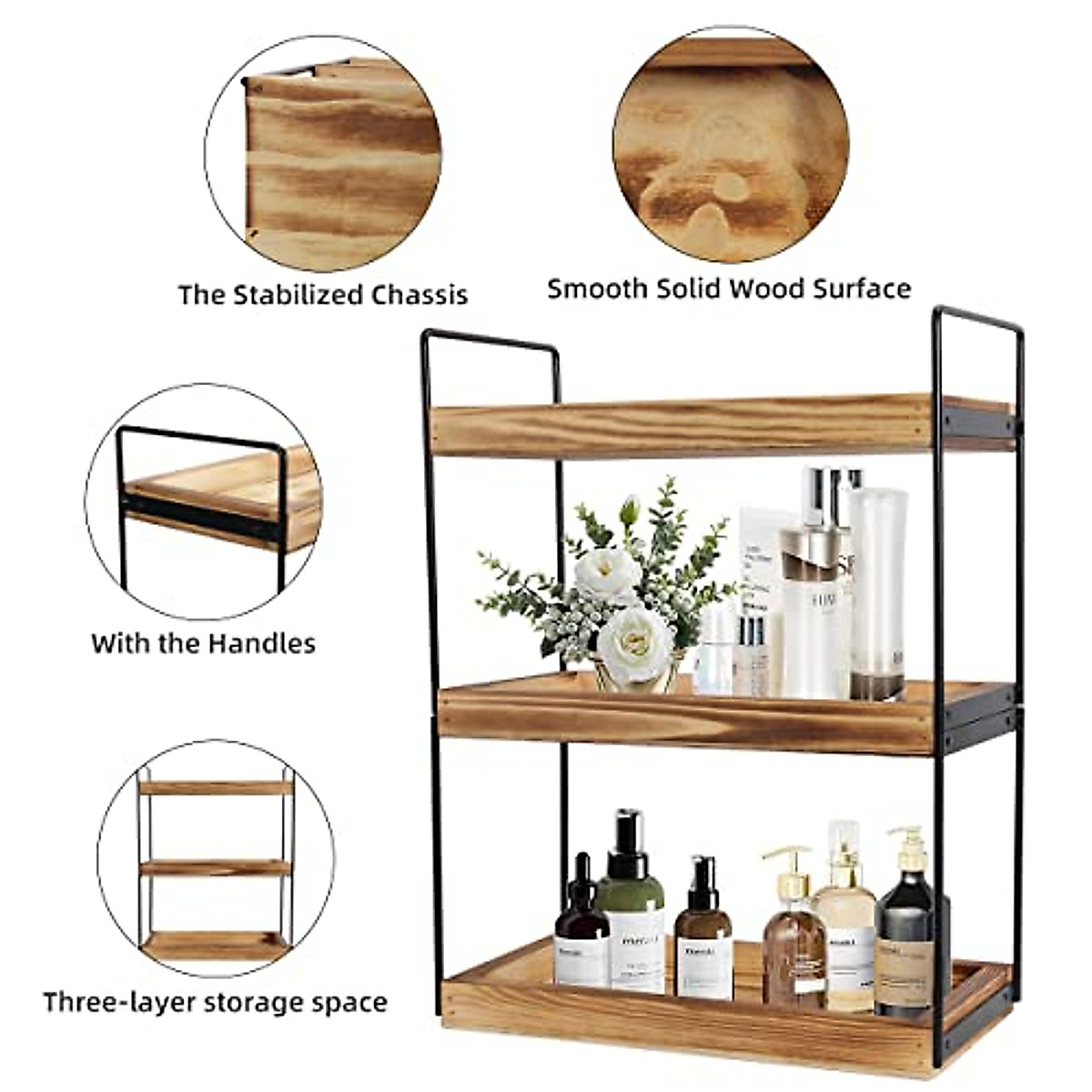 BEIUTAO 3 Tier Bathroom Counter Organizer, Wood Bathroom Countertop, (DIY Install) Bathroom Countertop Organizer and Storage Shelf, Cosmetic Holder Vanity Organizer Bathroom Trays
