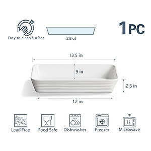 ONEMORE Ceramic Baking Dish, 9x13 Baking Pan Casserole Dish Large Rectangular Baking Dishes for Oven Deep Dish Lasagna Pan for Family Meals Ribbed White Bakeware for Roasting & Serving