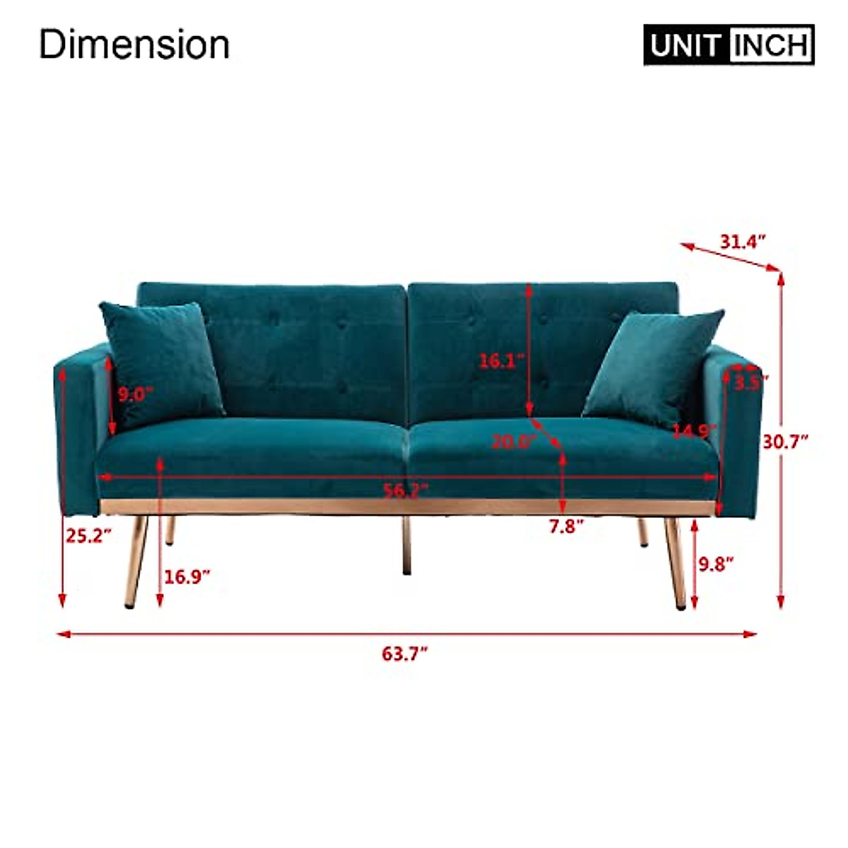 SLEERWAY Velvet Futon Sofa Bed with 5 Golden Metal Legs, Sleeper Sofa Couch with Two Pillows, Convertible Loveseat for Living Room and Bedroom, Teal