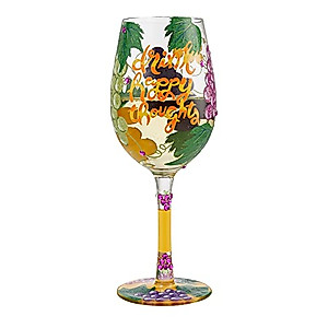 Enesco Designs by Lolita Drink Happy Thoughts Hand-Painted Artisan Wine Glass, 15 Ounce, Multicolor