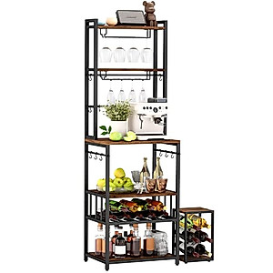 Amosic Wine Baker Rack, Industrial Wine Bar Cabinet, 6-Tier Wine Storage Display Shelves, Floor Liquor Wine Cabinet Storage with Rustic Wood Countertop Wine Rack 6 Bottles, for Bar (Rustic Brown)