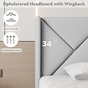 QIAYA Bed Frame Queen Size Upholstered Platform with Fabric Wingback Headboard/12 Solid Wooden Slats, Non-Slip and Noise-Free, No Box Spring Needed, Light Gray