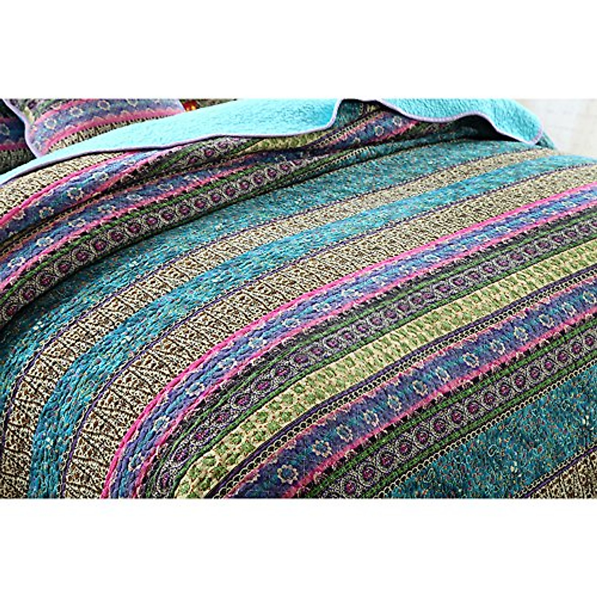NEWLAKE Striped Jacquard Style Cotton 3-Piece Patchwork Bedspread Quilt Sets, Queen Size