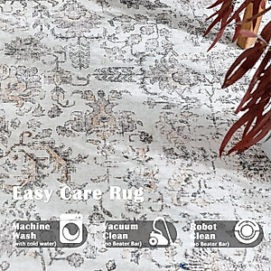 jinchan Area Rug 8x10 Washable Rug Vintage Rug Indoor Thin Rug Gray Retro Accent Rug Distressed Carpet Grey Floral Country Boho Rug Non Slip Kitchen Bedroom Living Room Dining Room Office