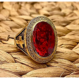 HKN1682 Designs Ruby Red Cubic Zirconia 14k Gold Plated Bishop Cross and Midre Ring Size 13