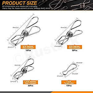 Rustark 145Pcs Stainless Steel Clothespin Clips with Spring Hooks Assortment Kit Heavy Duty Multipurpose Metal Wire Utility Clips Windproof Clothes Pegs for Outdoor Clothesline Home Kitchen