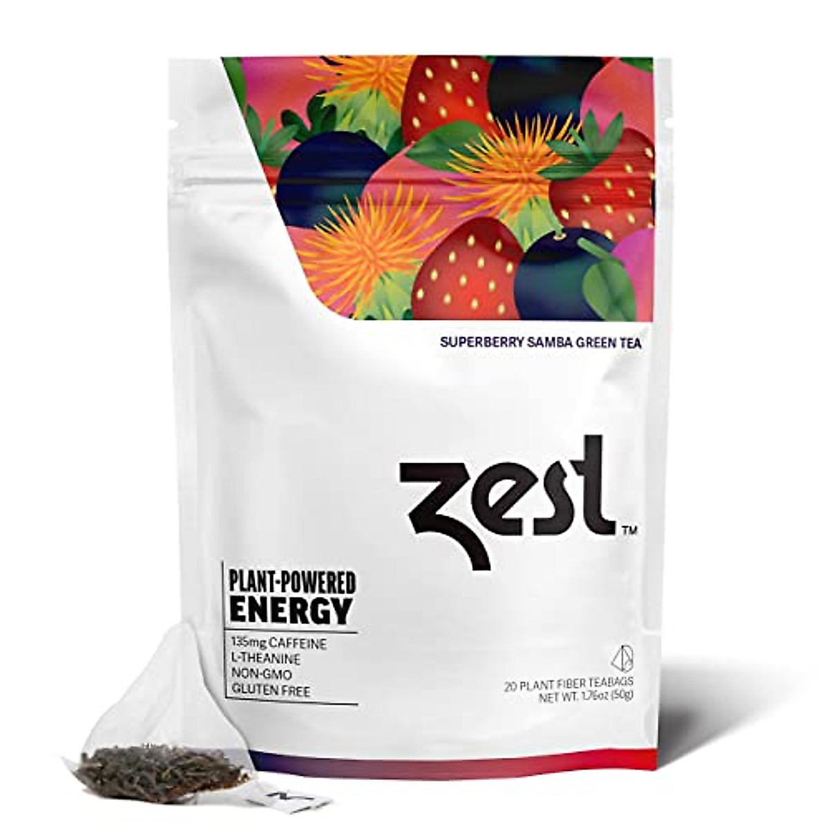 Zest 135mg High Caffeine Energy Leaf Blend - Superberry Samba Green Tea - 20 Pack Bag - Hot or Iced - All Natural Strong Flavored Healthy Coffee Highly Caffeinated Substitute - Perfect for Keto Diet
