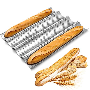KIAADSY French Baguette Bread Pan,Non-Stick French Bread Mold, Perforated 4 Slot French Baguette Pan for Home and Professional Bakers, 15 “x12.8” (Silver)