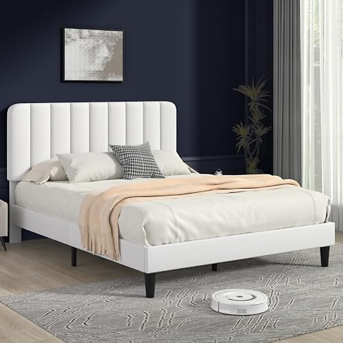 VECELO Queen Size Upholstered Bed Frame with Adjustable Headboard, Velvet Platform Bedframe Mattress Foundation, Strong Wood Slat Support, No Box Spring Needed, White