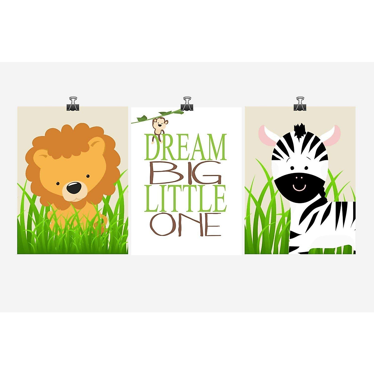 Safari Animals Nursery Art Decor Set of 3 - Monkey, Zebra and Lion - Dream Big Little One - Gender Neutral Jungle Baby - Multiple Sizes