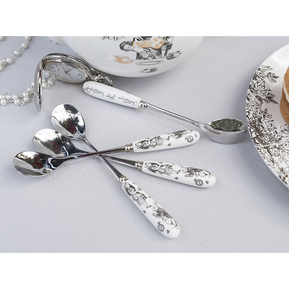 V&A Alice in Wonderland Stainless Steel Teaspoons with Decorative Porcelain Handles, 15.5 cm (6") - White