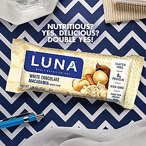 LUNA Bar - White Chocolate Macadamia Flavor - Gluten-Free - Non-GMO - 7-9g Protein - Made with Organic Oats - Low Glycemic - Whole Nutrition Snack Bars - 1.69 oz. (15 Count)