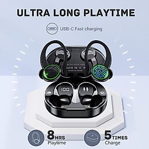 for OnePlus Nord N300 5G Wireless Earbuds Bluetooth Headphones 48hrs Play Back Sport Earphones with LED Display Over-Ear Buds with Earhooks Built-in Mic - Black