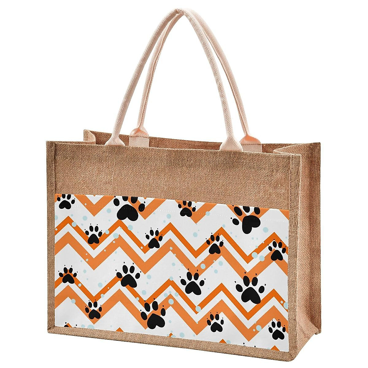 Jute Burlap Tote Cat Dog Footprints Paw Striped Zigzag Orange Black Large Beach Bag Reusable Grocery Shopping Storage Bag