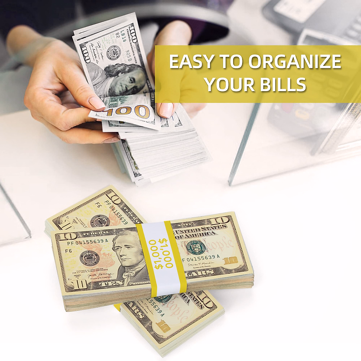 Money Bands 550 Pack for Cash Self Adhesive Wrappers for Bills Currency Straps for Dollar Wraps Organizer($1000 / Yellow)