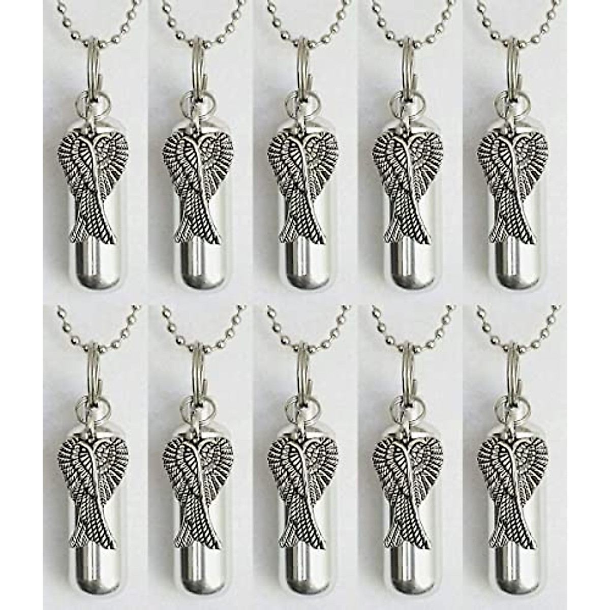 Lovely Set of Ten - Large Angel Wings Cremation URNS - Includes Velvet Pouches, Ball-Chains & Fill Kit