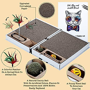 All-in-One Cat Scratcher Pad and Play Area, Foldable & Easy to Store Book-Shaped Cardboard with 2 Reversible & Replaceable PCs Dense Scratch Pad Cat/Kitten,with Cat Ball/Cat Feather Toy & Catnip Ball