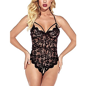 CUTER Women Lace Teddy Lingerie One Piece Sexy Strappy Bodysuit Naughty Babydoll Black