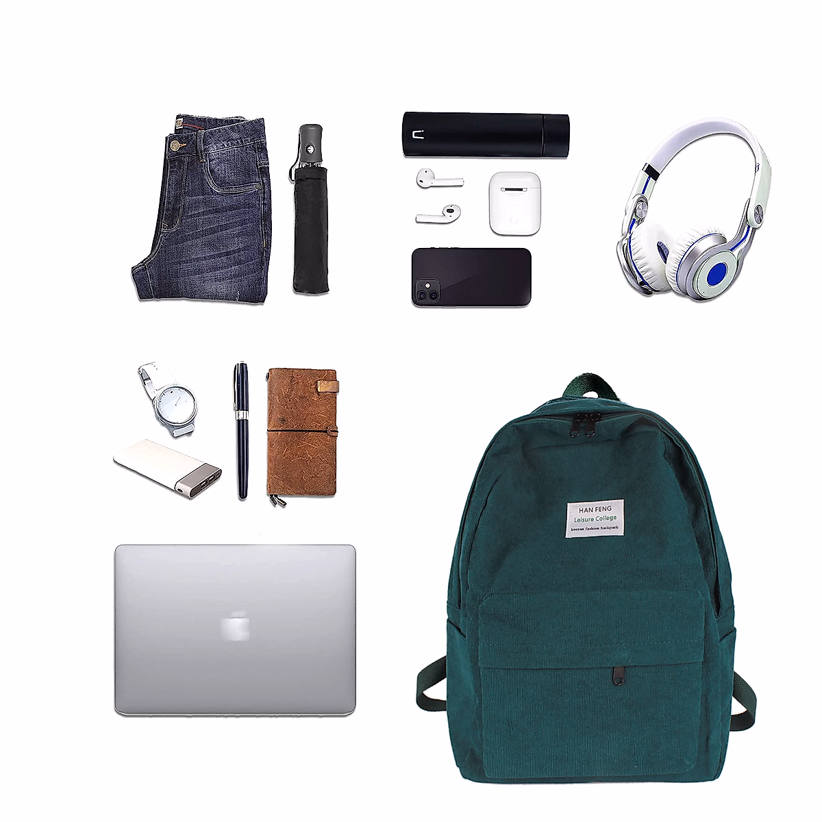 Van Caro Corduroy School Backpack Large College Backpack Casual Bookbag Laptop Backpack Computer Bag Travel Daypack for Girls Boys Teens,Black Green(no Pendant)