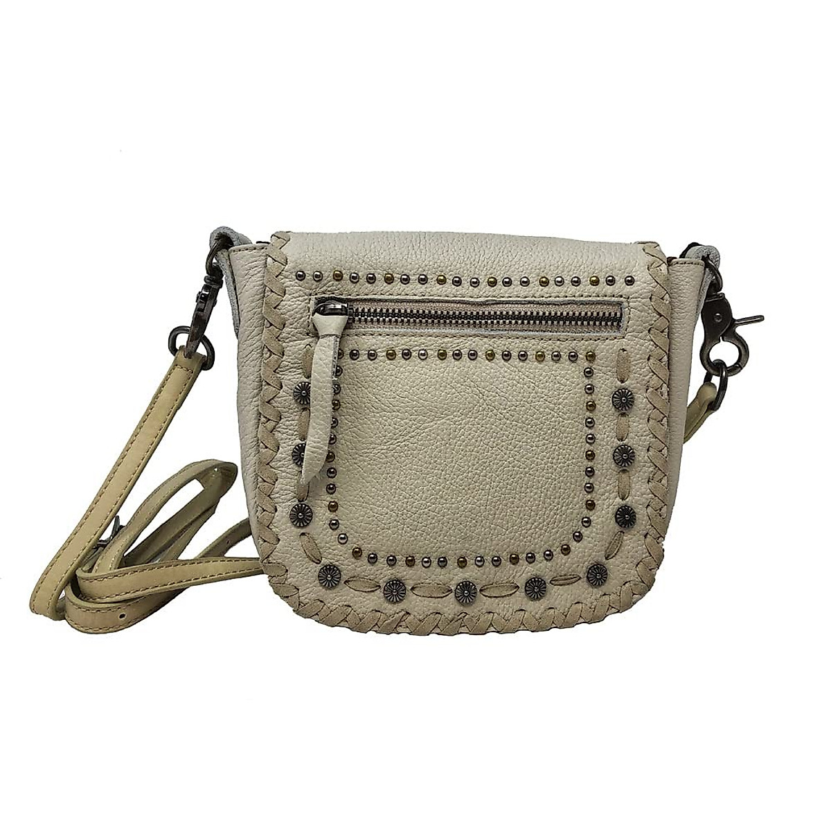 MMontana West Real Leather Messenger Purse Crossbody Purse Conchos Stitching Beige